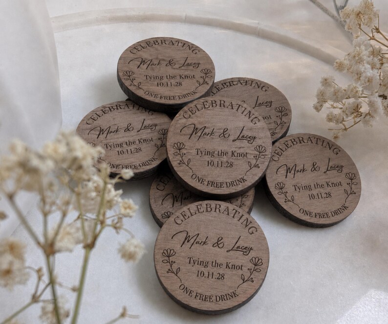 Custom Wedding Drink Tokens Party Favor Bar Chips Wooden Event Voucher ...