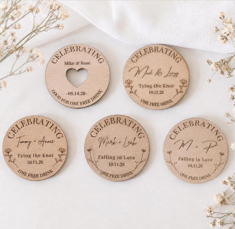 Custom Wedding Drink Tokens Party Favor Bar Chips Wooden Event Voucher ...