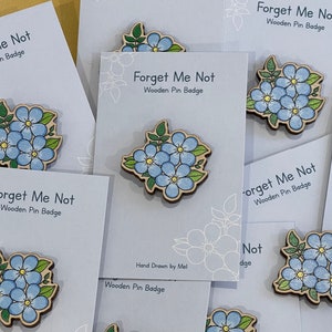 Forget Me Not Wooden Pin Badge Hand Drawn Whimsical Flower Badge Gift ...