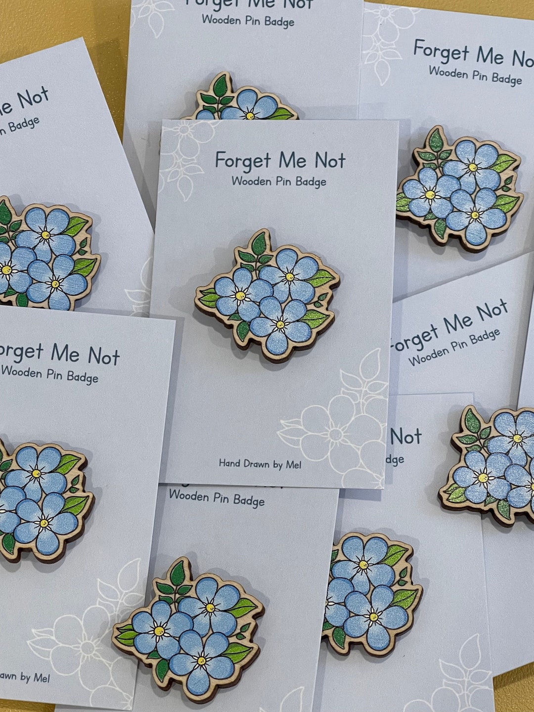 Forget Me Not Wooden Pin Badge - Hand Drawn Whimsical Flower Badge ...