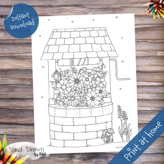 The Garden Wishing Well Colouring Page for Adults and - Etsy