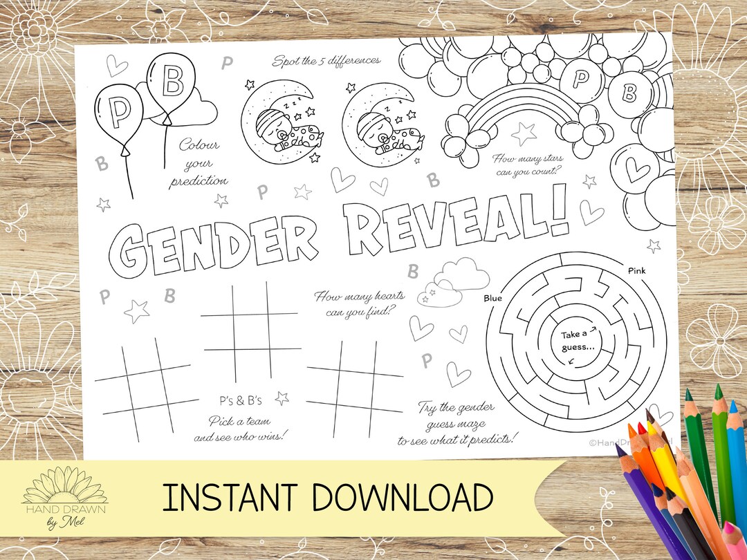 Gender Reveal Activity and Colouring Sheet/placemat. Perfect for Gender ...