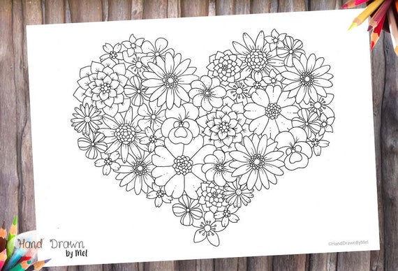 Floral Heart Colouring page for Adults and children Flower | Etsy