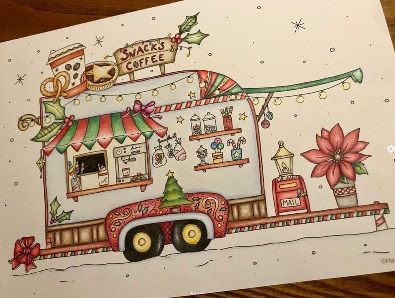 Cute Christmas Snacks and Coffee Caravan Stall Colouring Page for ...