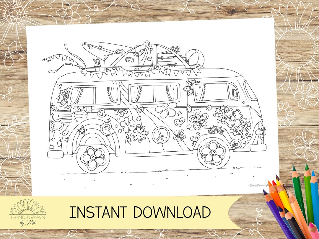 Happy Camper Colouring Page for Adults! Campervan, Happy, Hippy 70's ...