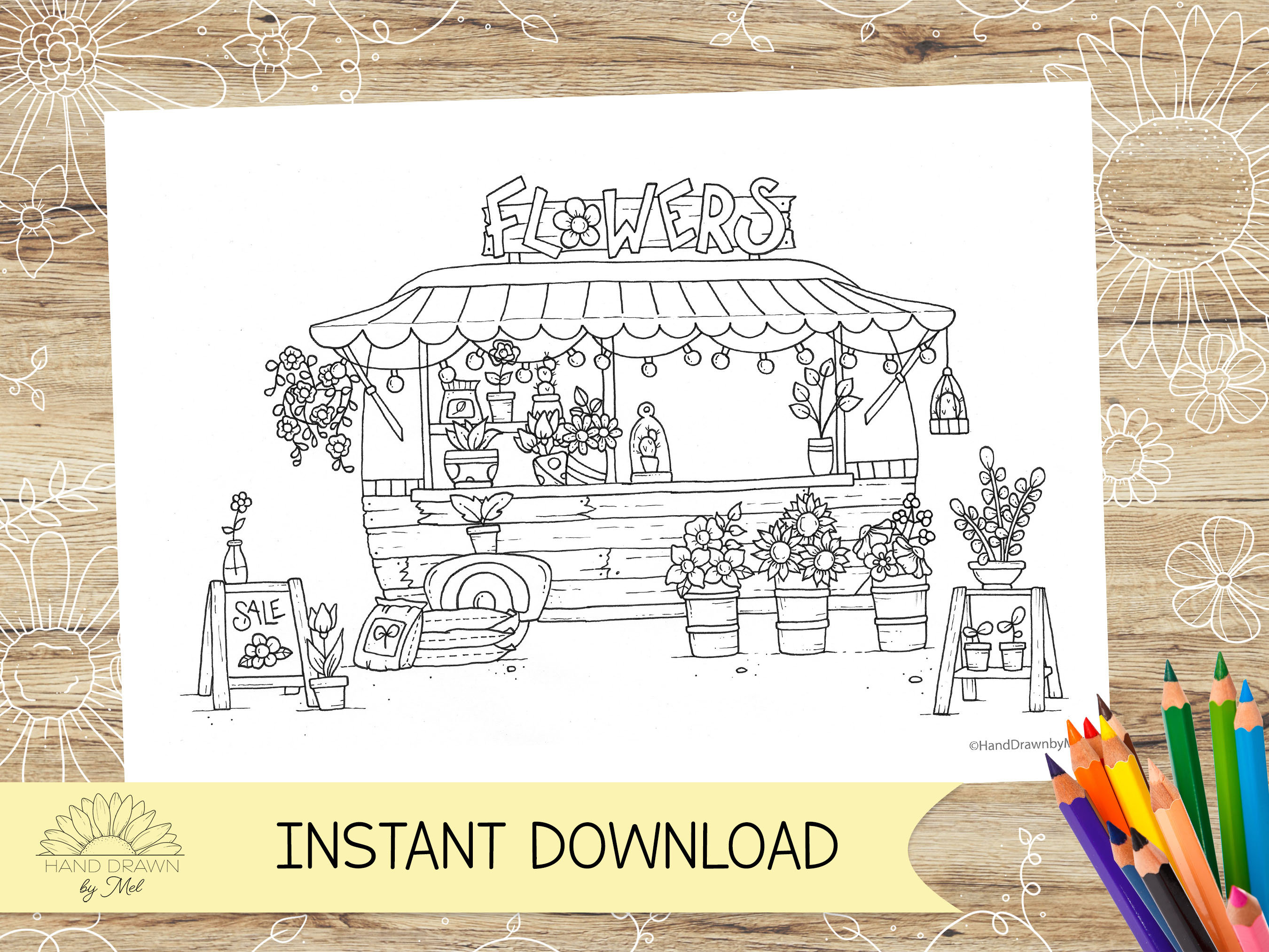 Caravan Flower Stall Coloring Page: Whimsical Adult Art (digital ...