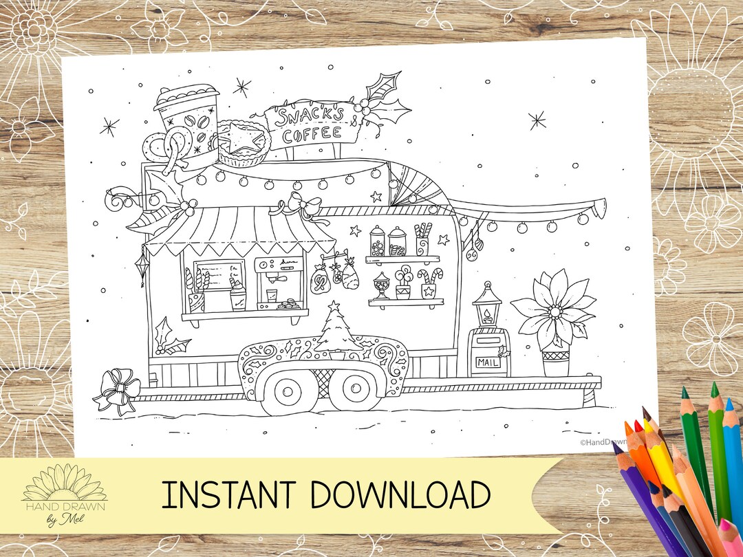 Cute Christmas Snacks and Coffee Caravan Stall Colouring Page for ...