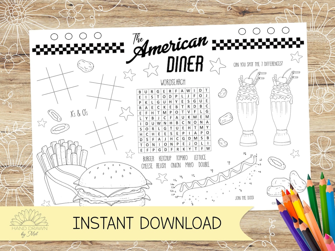American Diner Activity Sheet: Kids Coloring Placemat (digital Download ...