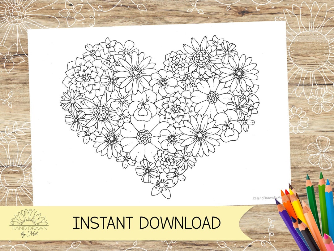 Floral Heart Colouring Page for Adults and Children! Flower,whimsical ...