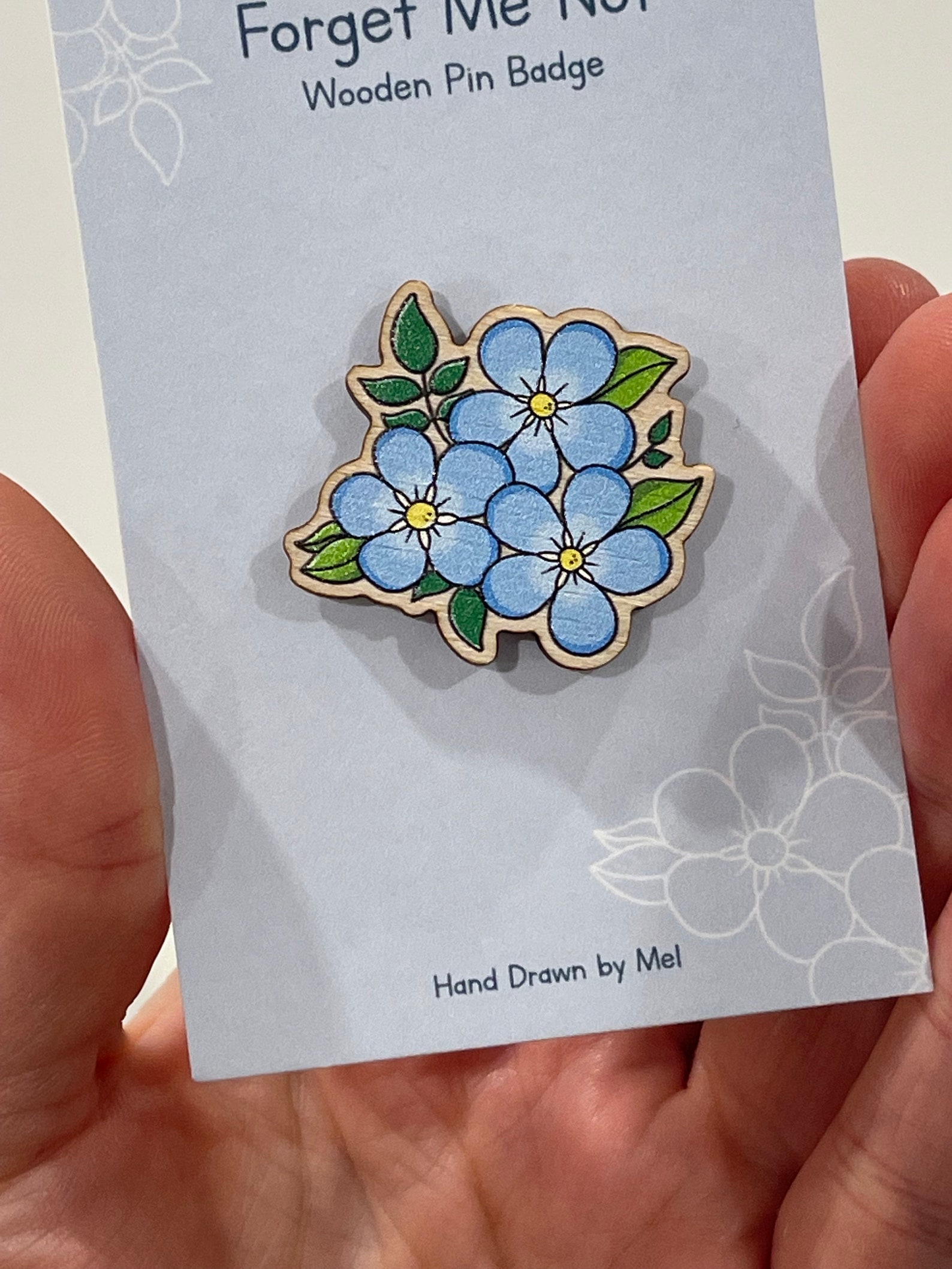 Forget Me Not Wooden Pin Badge - Hand Drawn Whimsical Flower Badge ...
