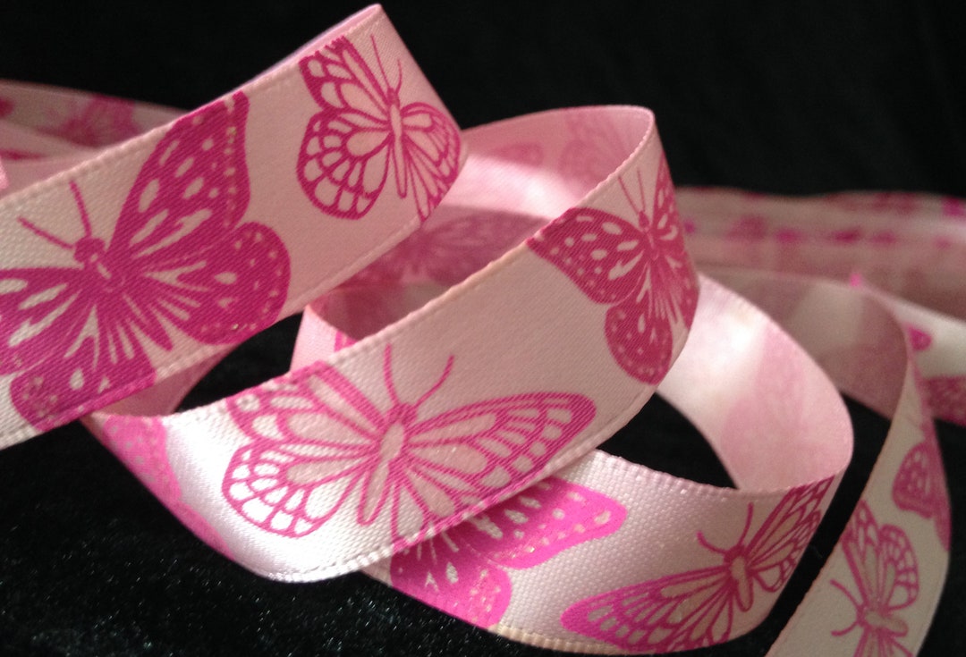5/8 Inch Pink Glitter Butterfly Satin RIBBON - 1 Yard Wings Butterfly ...