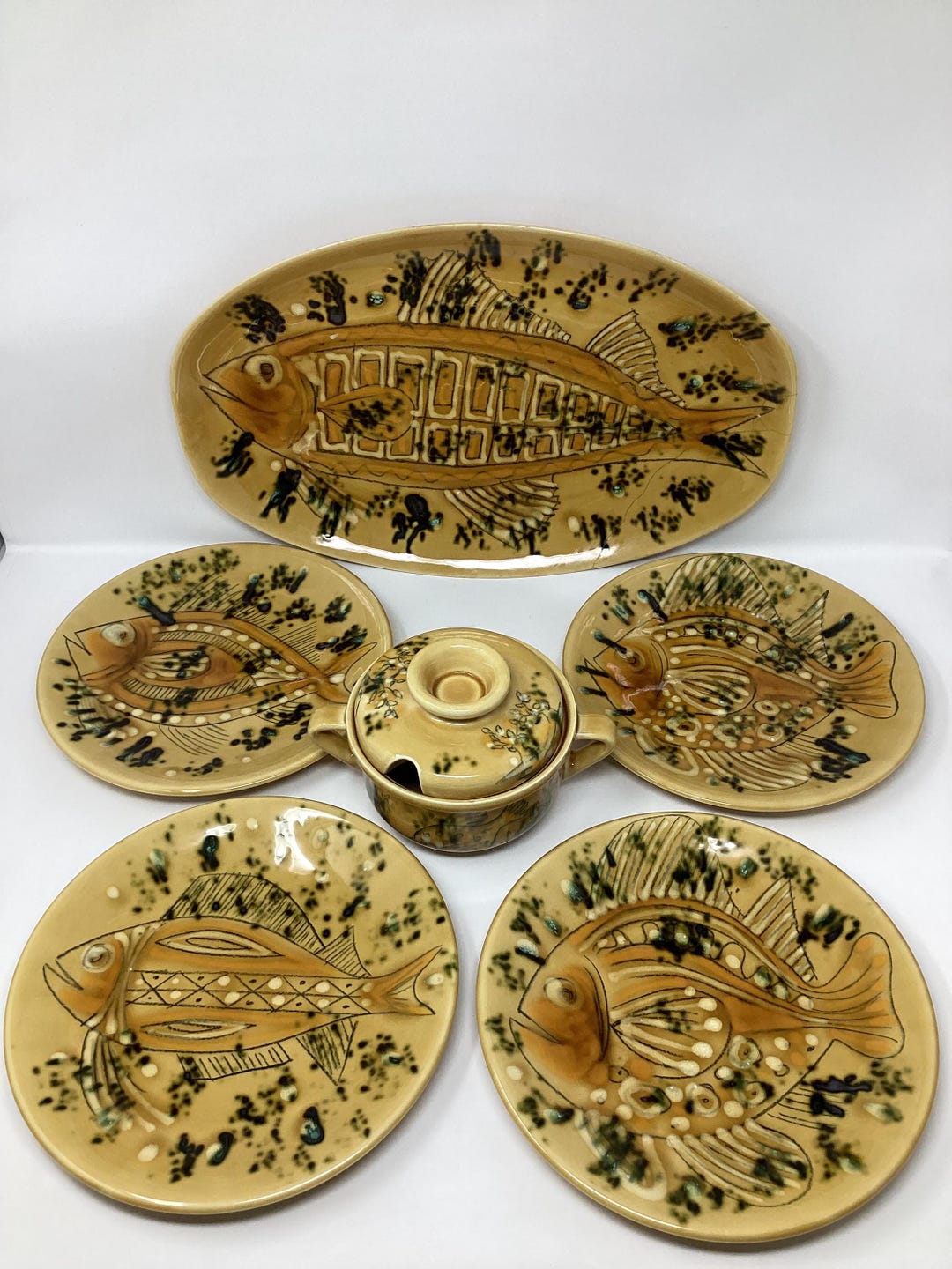 Vintage Sado International Yellow Fish Dishes 4 Plates, 1 Sugar Bowl, 1 ...