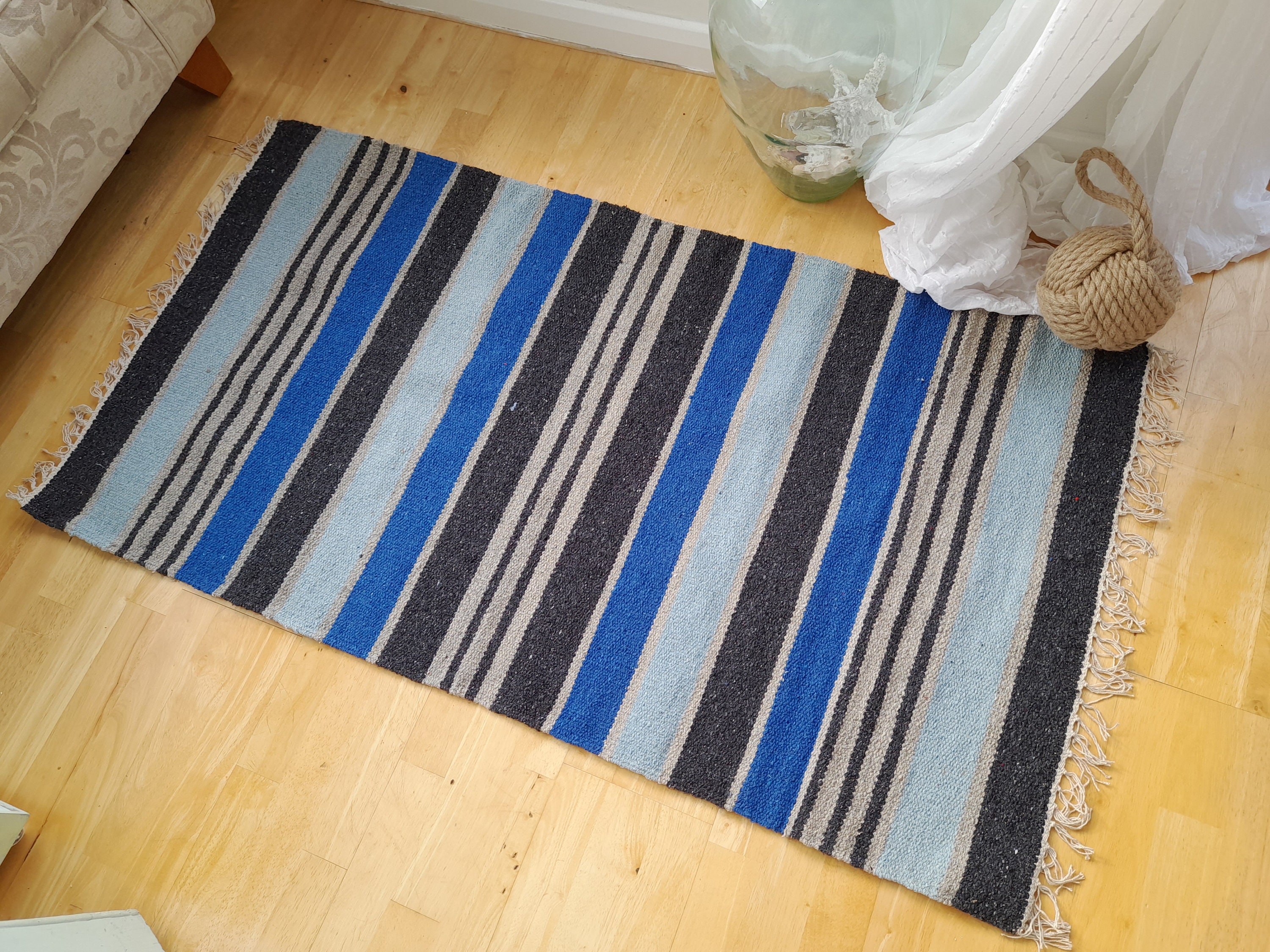 Blue Striped Cotton Rug - Etsy
