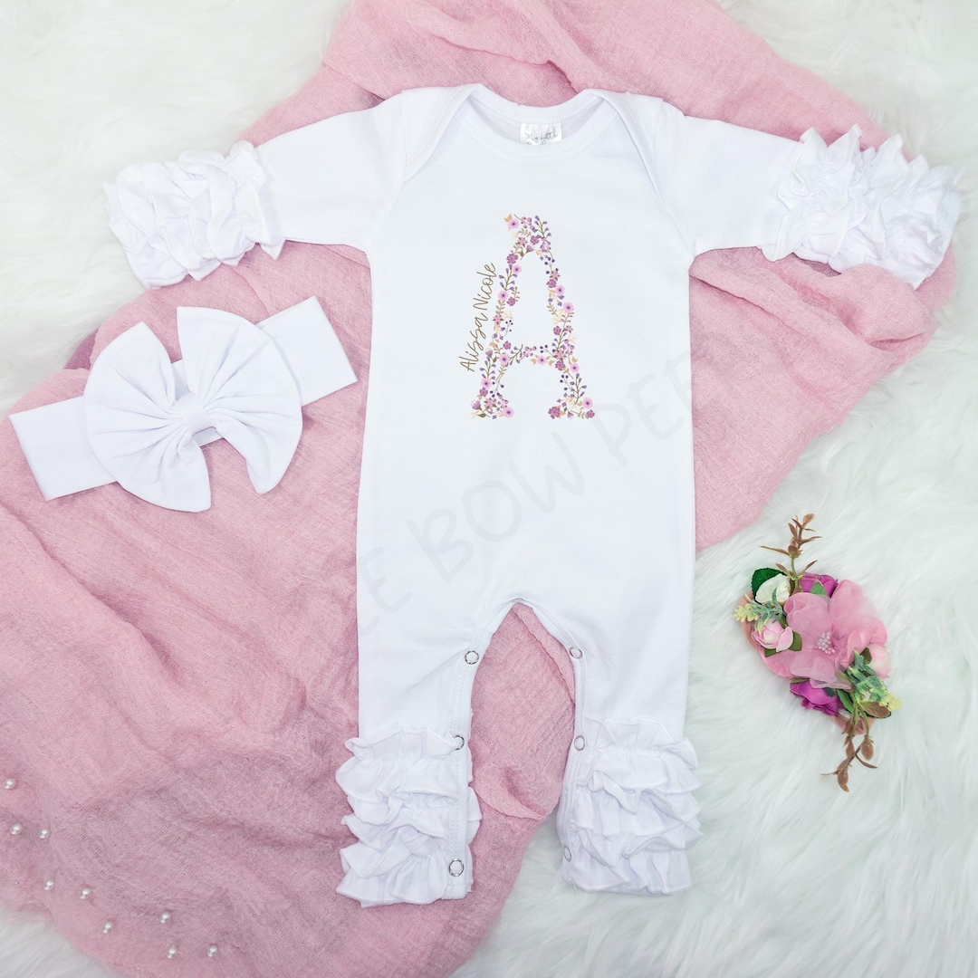 Personalized Monogrammed Baby Girl Outfit – Ruffled Newborn Romper ...