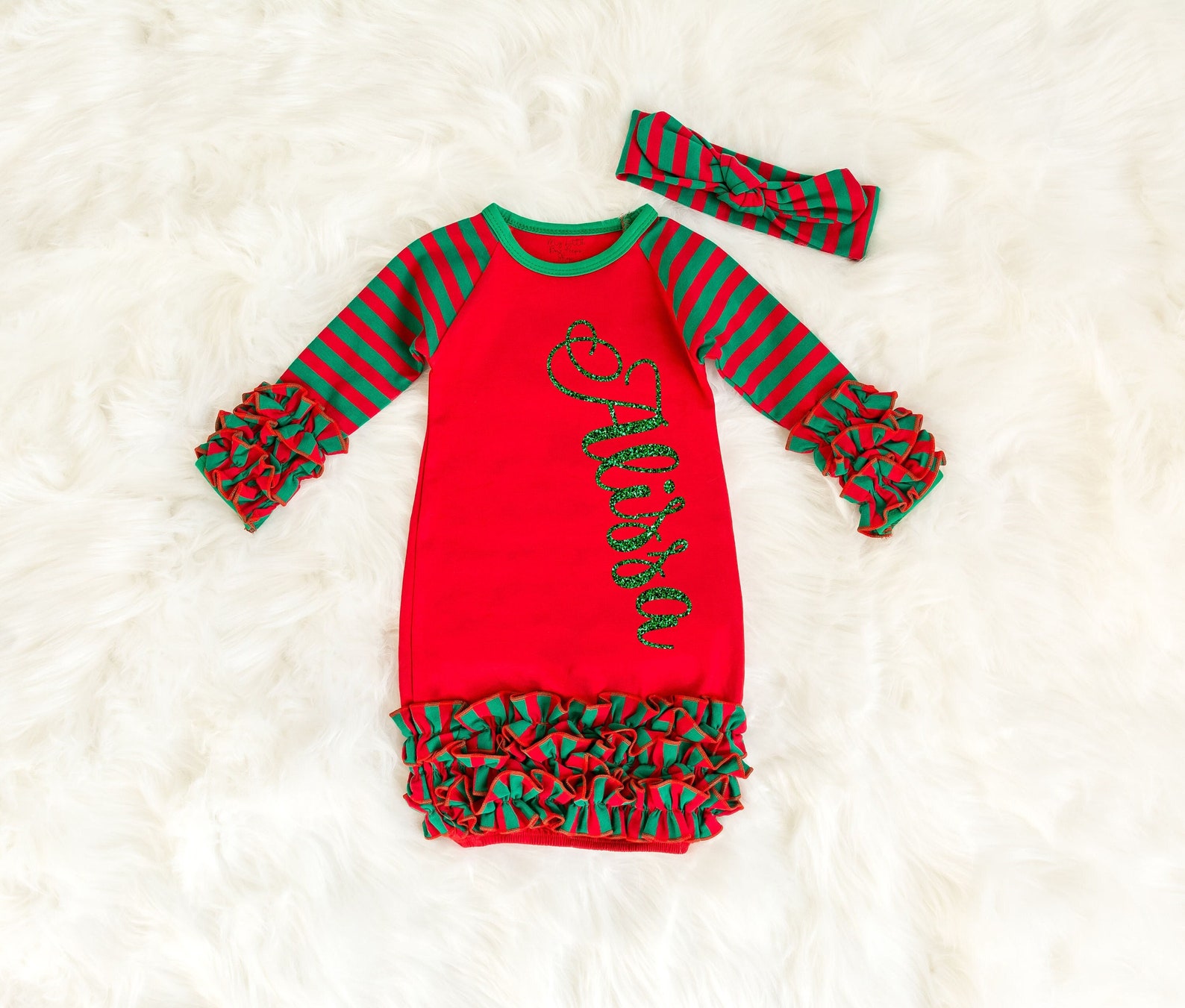 Personalized Baby Girl Ruffle Christmas Sleeper Gown, 1st Christmas ...