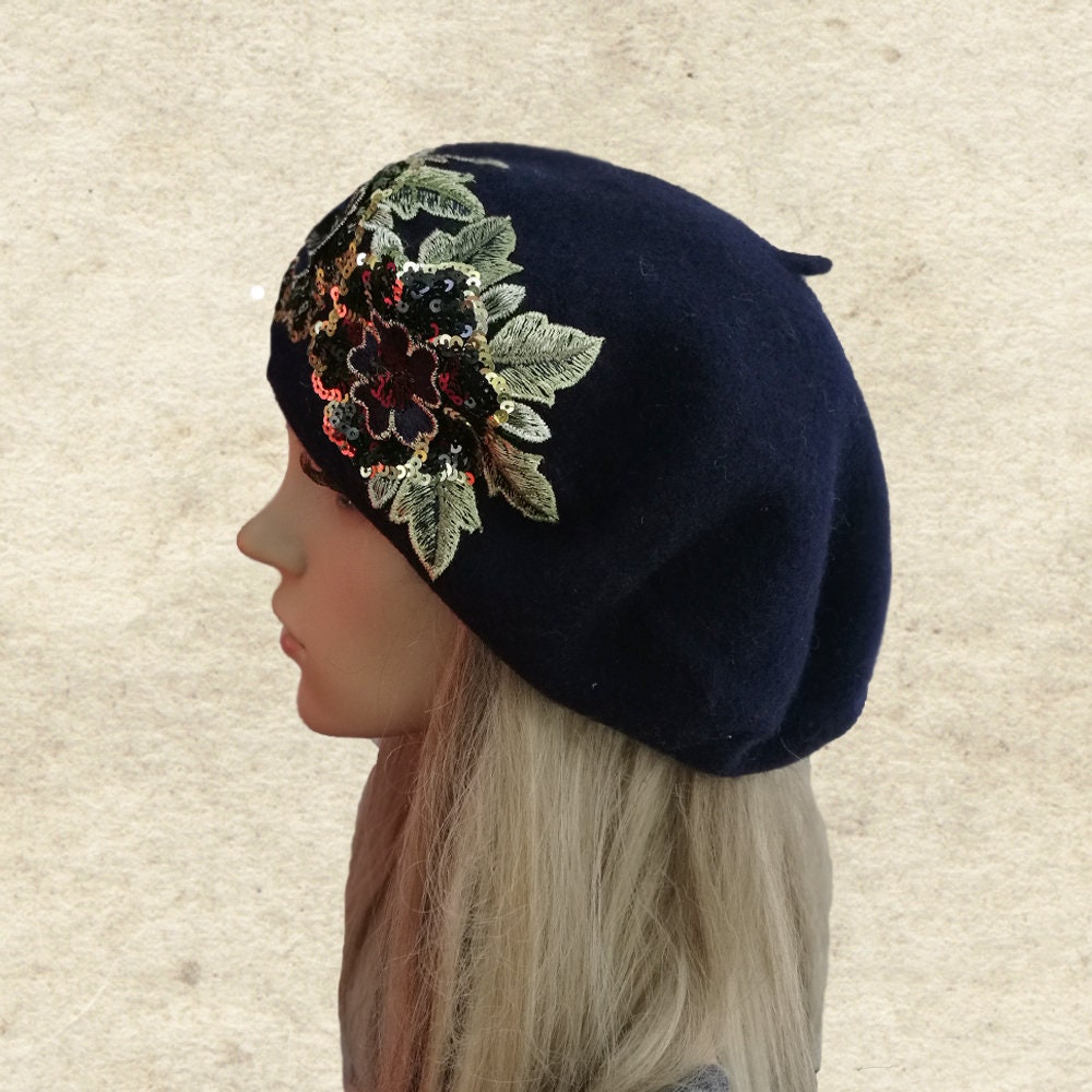 French Felt Beret, Felted Wool Beret, Blue Womens Beret, Wool Felt ...
