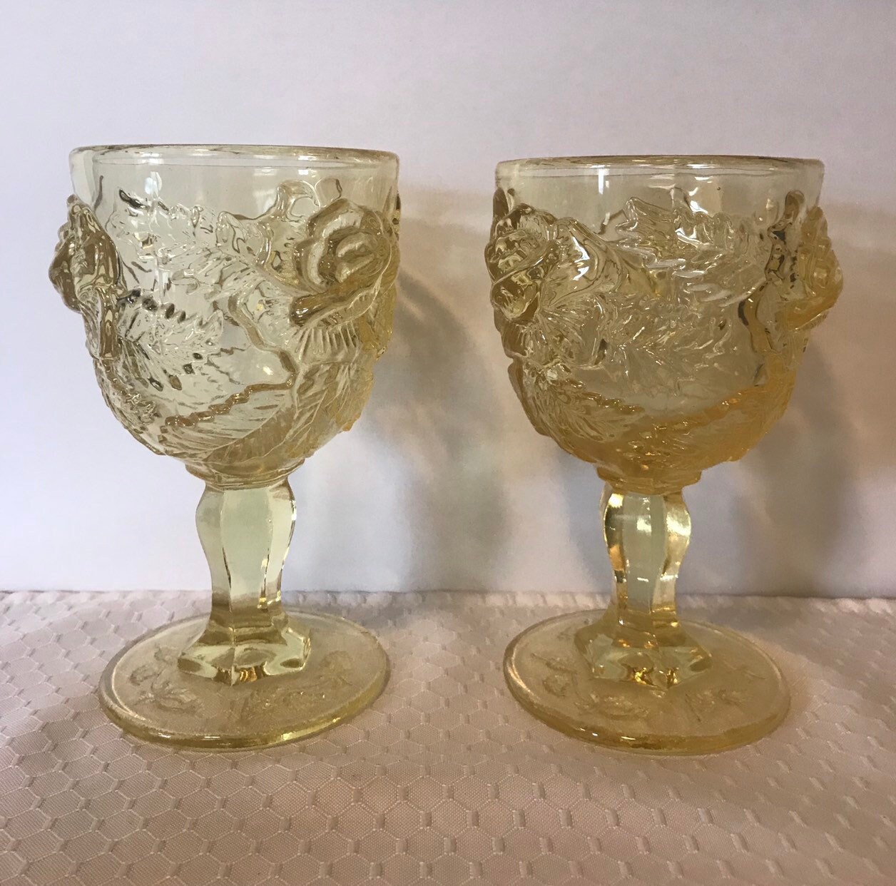 Wright Glass Raised Rose Vaseline/Yellow Water Goblets Set of 2