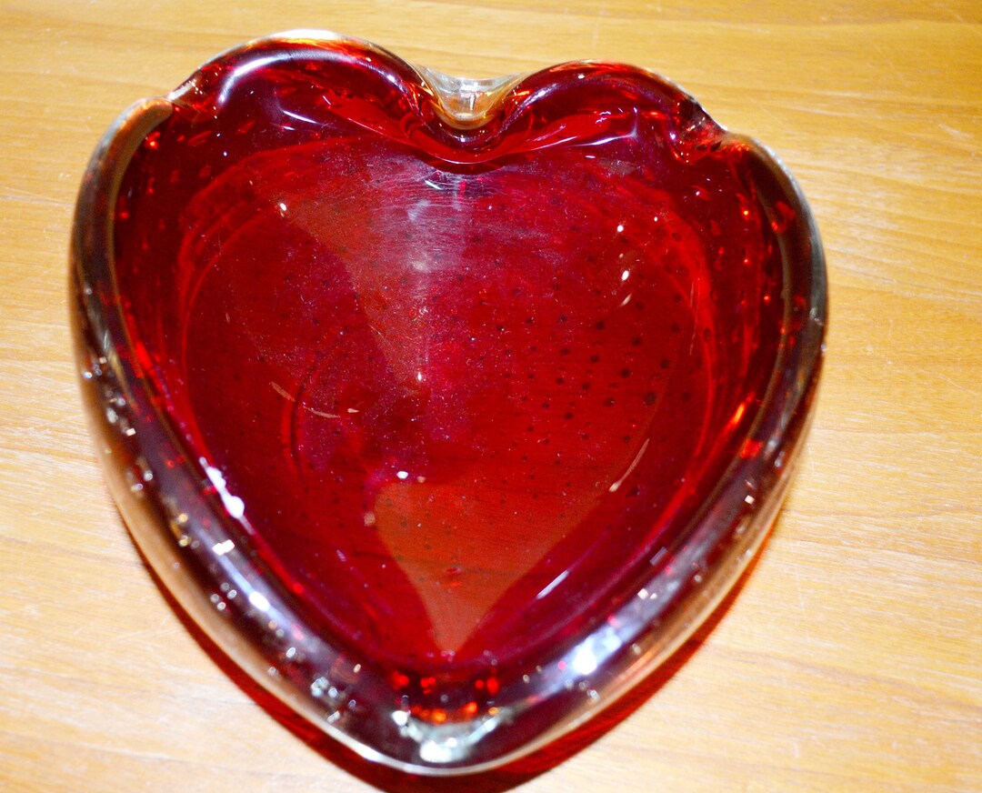 Large Heavy Vintage Glass Ashtray Red Heart 70s Ashtray Retro Mid ...