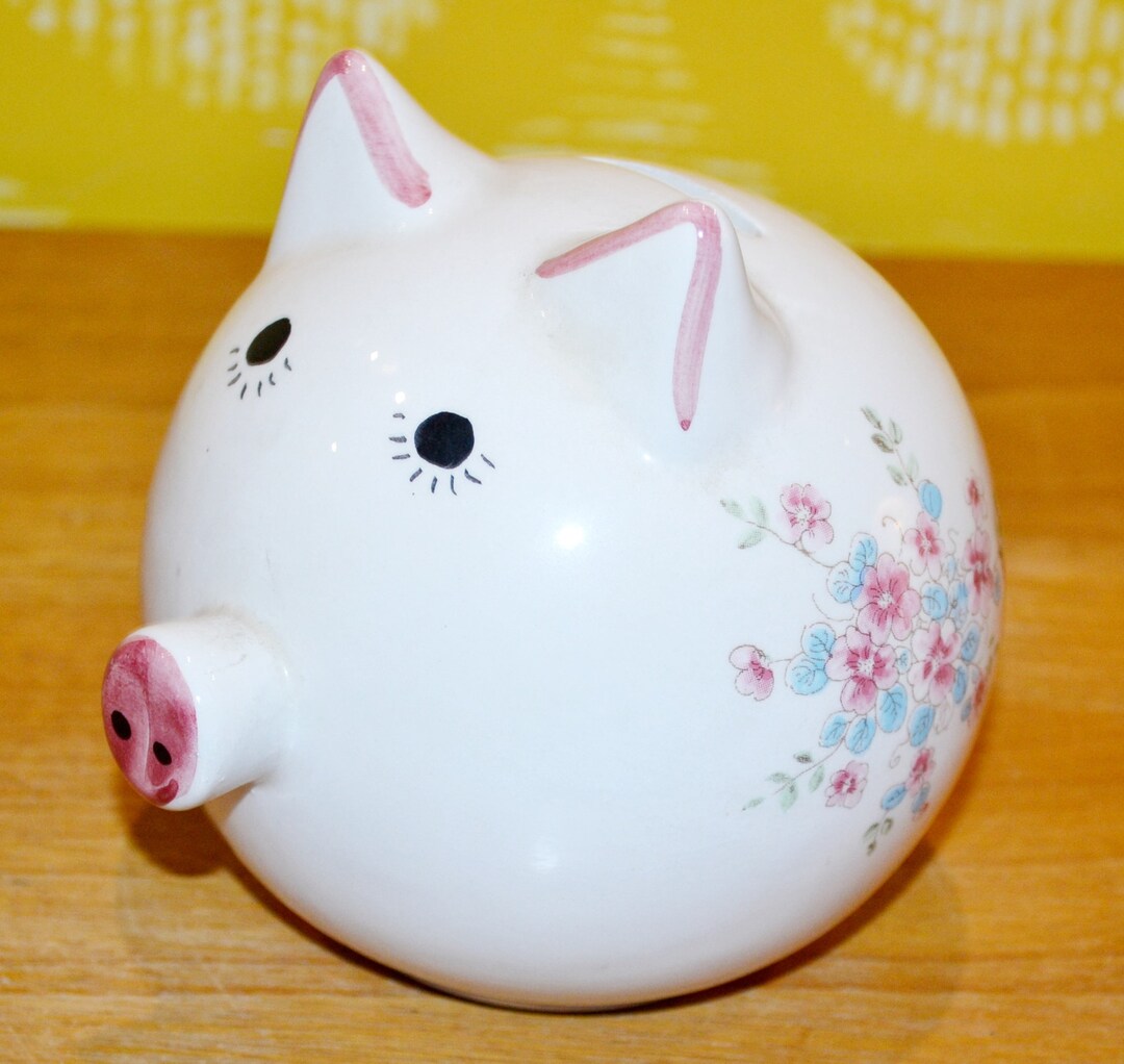Vintage Money Box / Piggy Bank White / Colored Porcelain Decoration 60s ...