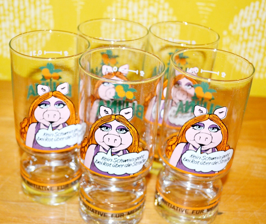 Vintage Bluna Glass Set With Muppets Miss Piggy Motif, 1970s. Retro Mid ...