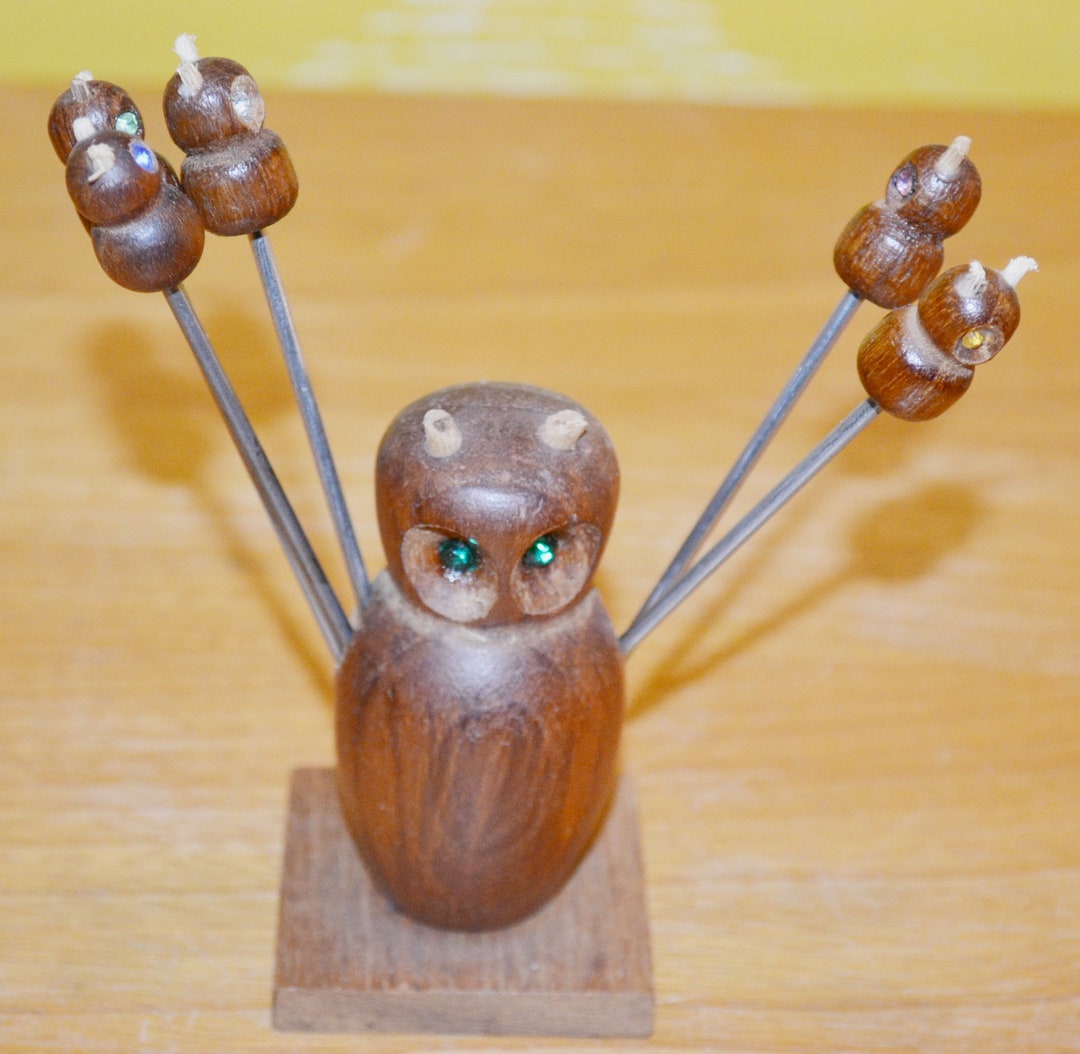 Vintage Figure Owl Teak Wood Brown Cocktail Pieker Wood Retro - Etsy