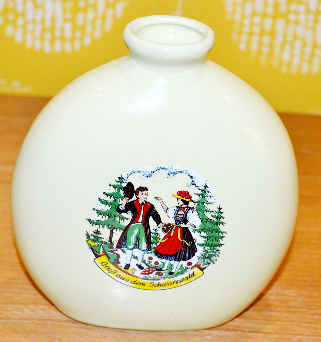 Vintage Ceramic Pastel Yellow Black Forest Folklore Vase 70s Red Retro ...