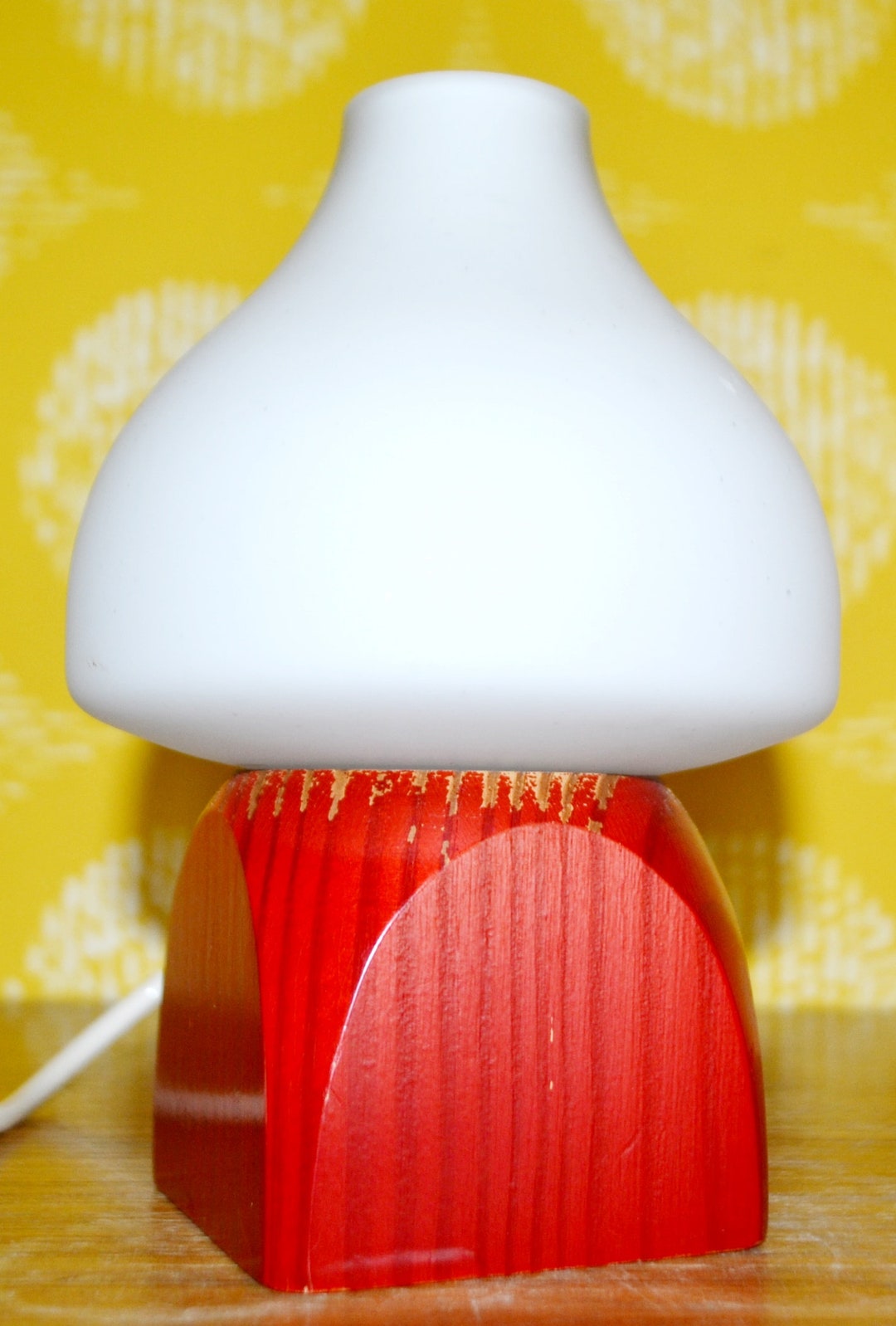 Vintage Table Lamp 70s Red White Wood Opal Seventies Bedside Lamp Retro ...