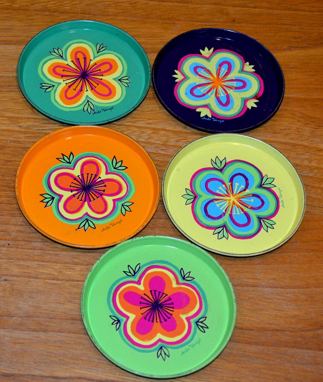 Vintage Tin Coasters, Colorful, Country Style, Shabby Chic, 70s Retro ...