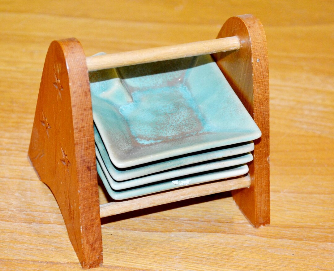 Vintage Ceramic Ashtray Set Green With Wooden Frame Ashtray 50s Retro ...