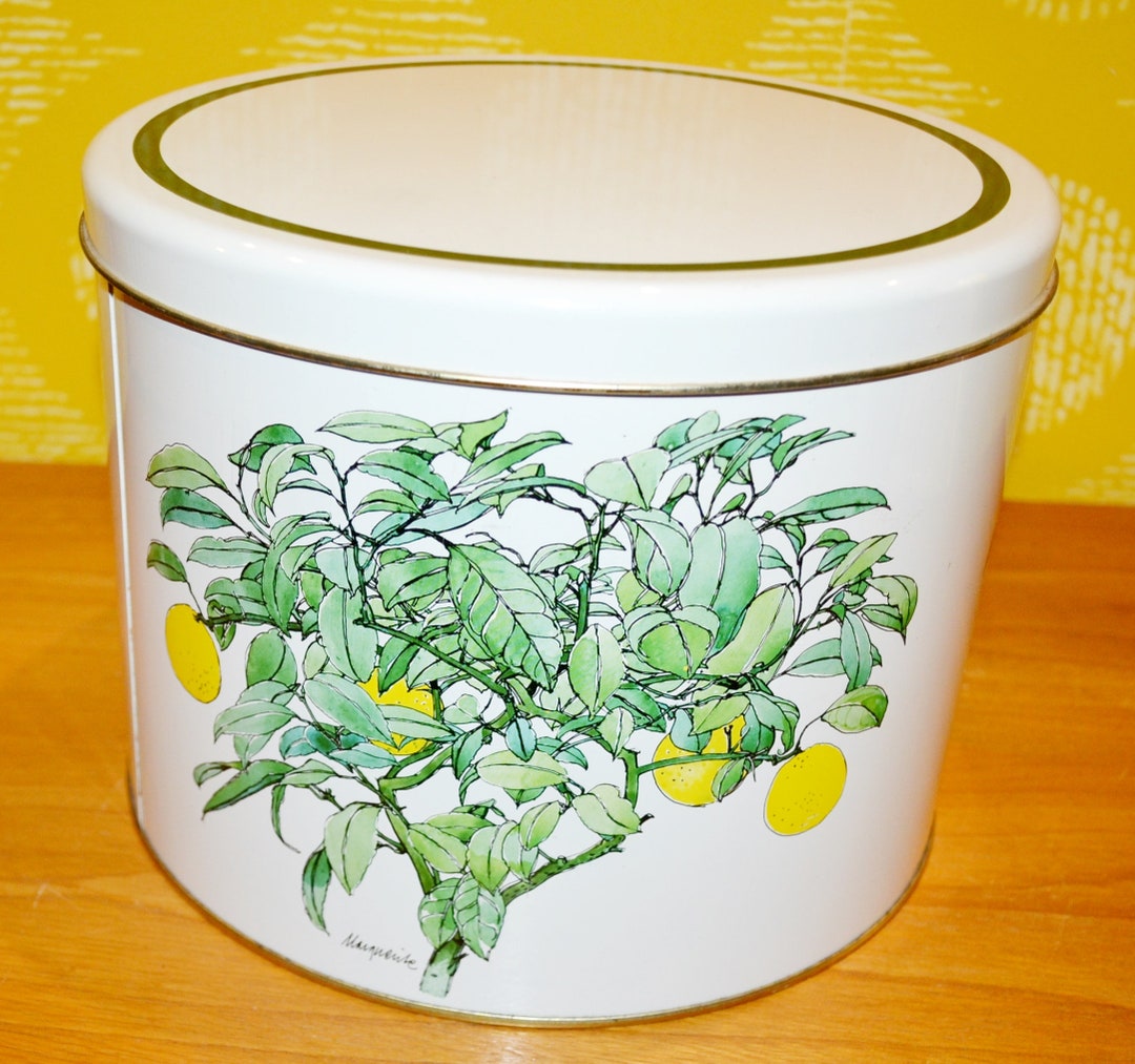Beautiful XL Vintage Tin Can 70s White/green/yellow Lemon Retro Mid ...