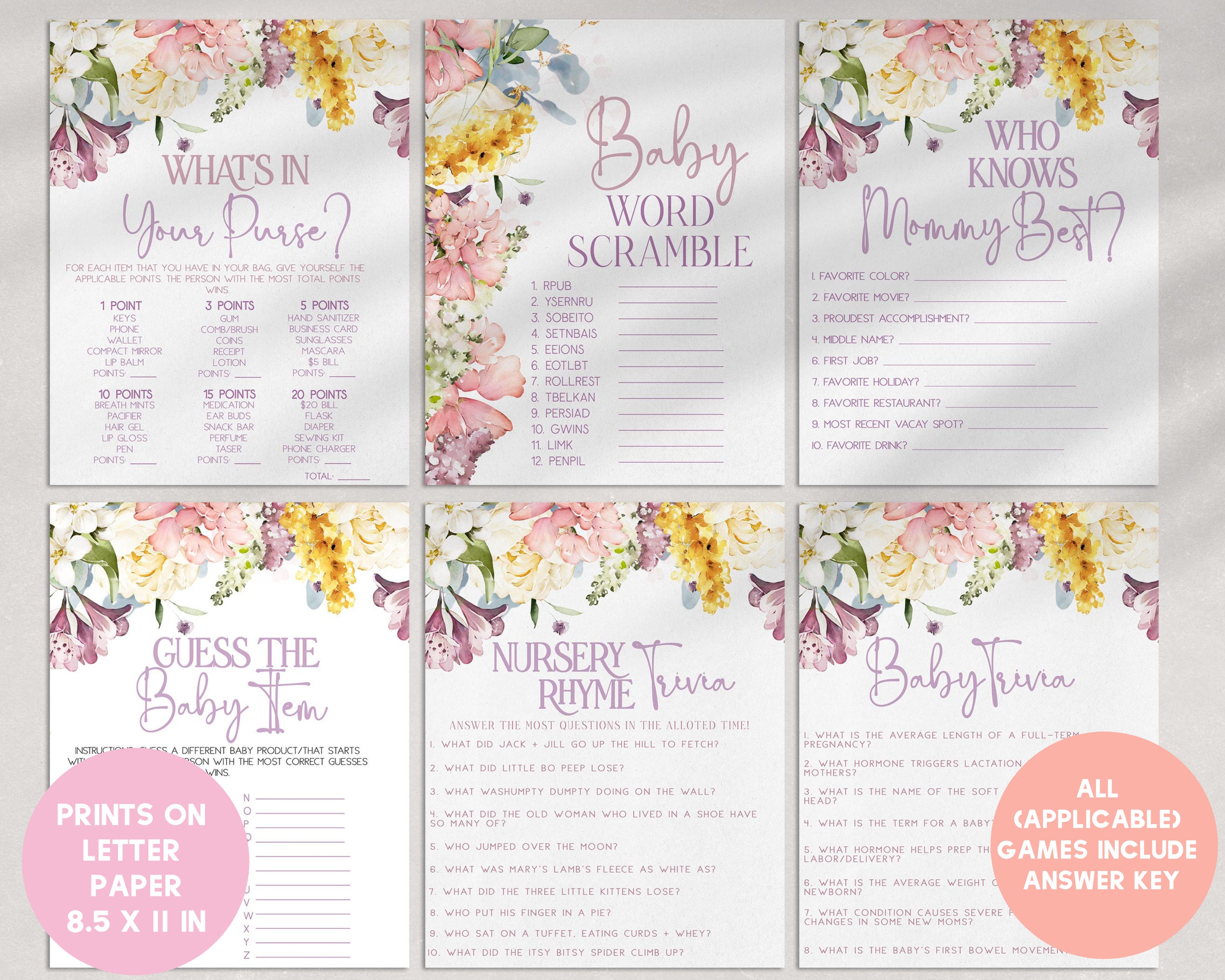 Floral Baby Shower Games Bundle | Baby in Bloom | Wildflower Baby ...