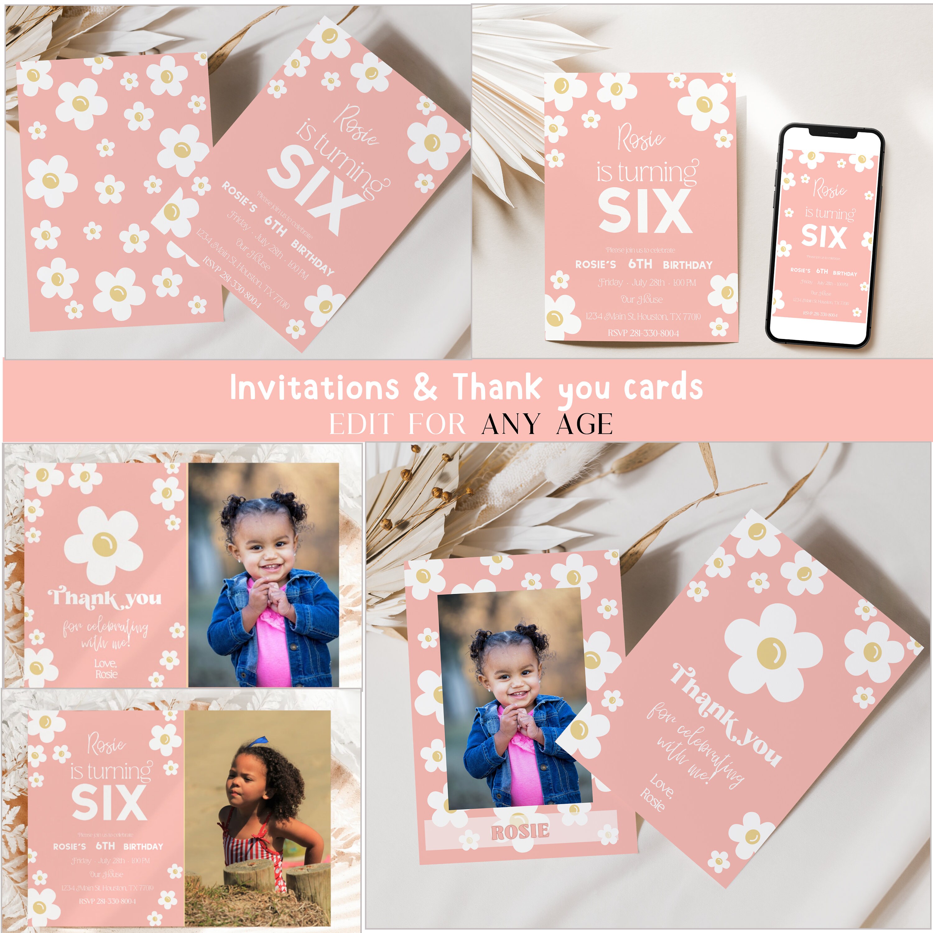 Pink Daisy Birthday, Birthday Invitation Bundle, Girls Birthday, ANY ...