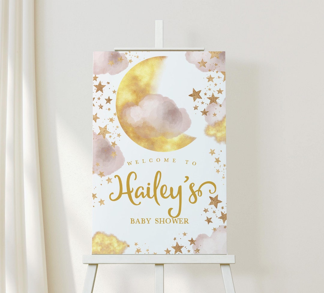 Over the Moon Baby Shower, Editable Welcome Sign, Moon and Stars, Large ...