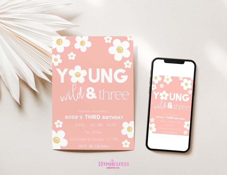 Editable Daisy 3rd Birthday Party Invite Young Wild Three Birthday ...