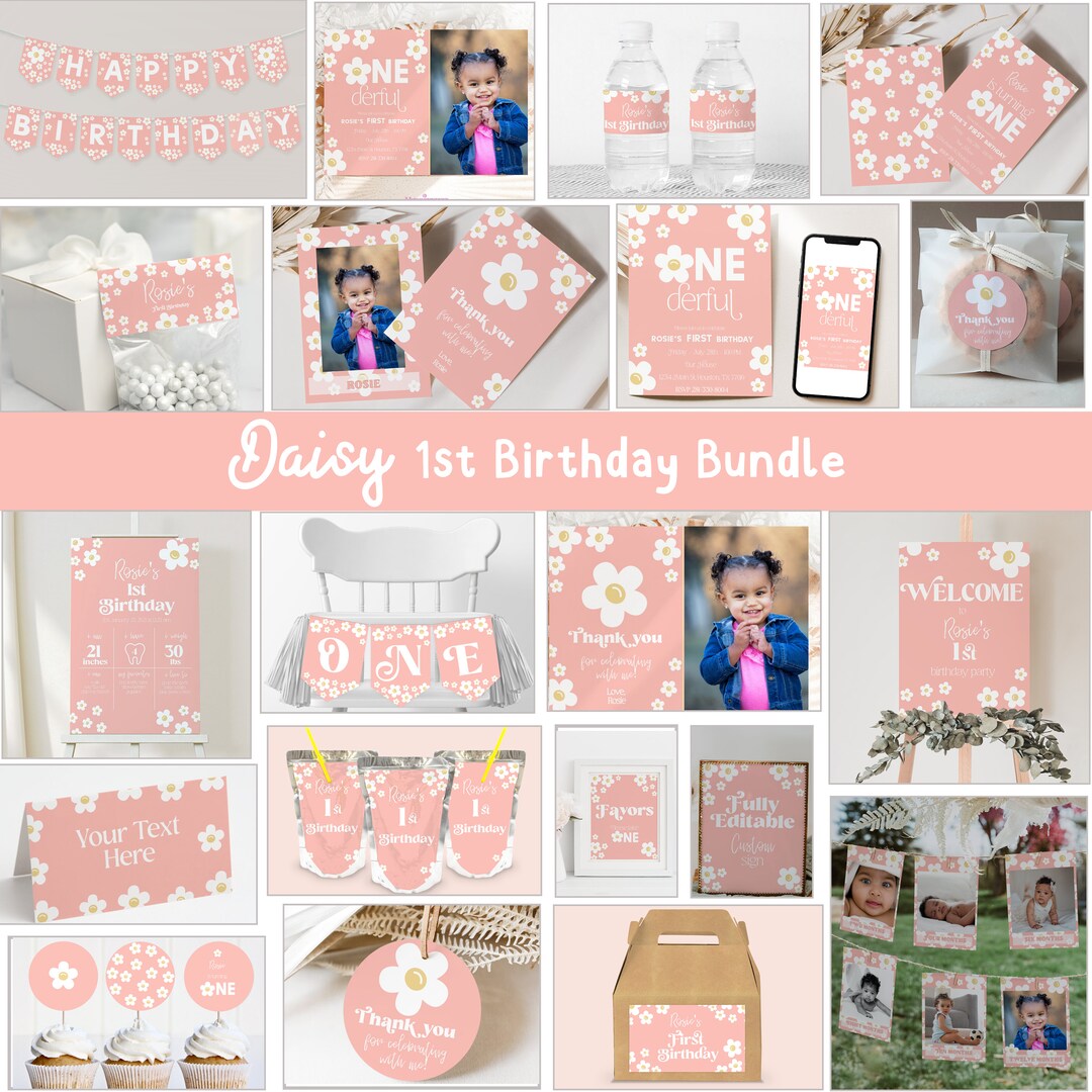 Pink Daisy Birthday, 1st Birthday Invitation Bundle, Girls 1st Birthday ...