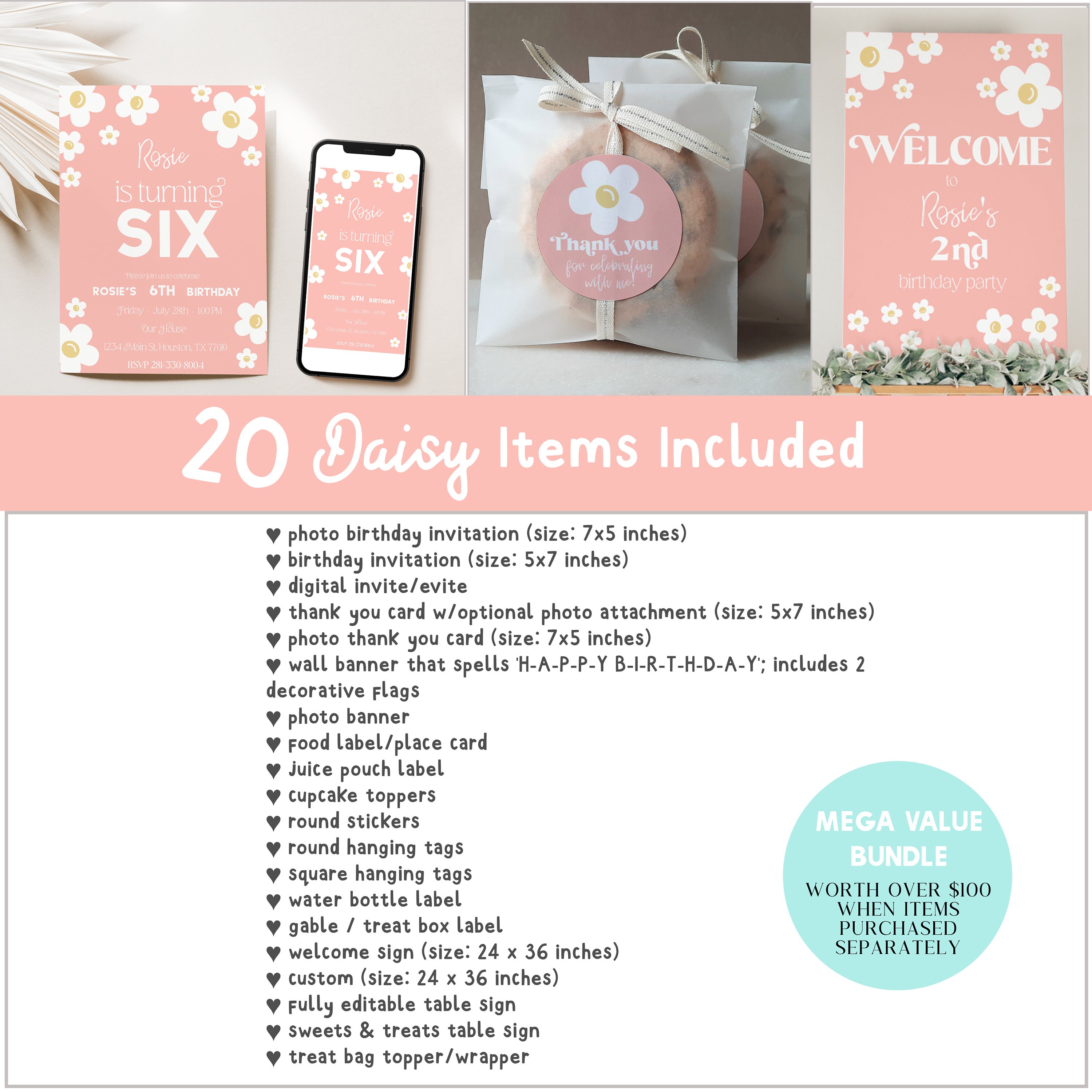 Pink Daisy Birthday, Birthday Invitation Bundle, Girls Birthday, ANY ...