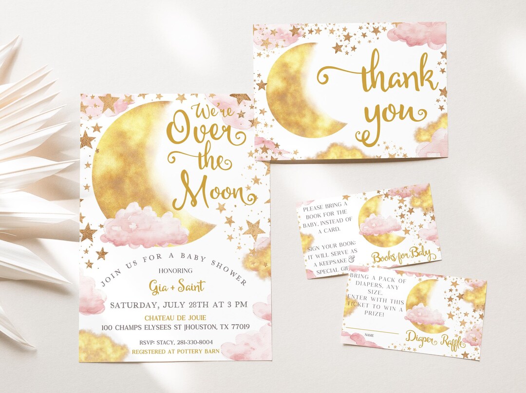 Over the Moon Baby Shower, Girl Baby Shower Invite, Moon and Stars ...
