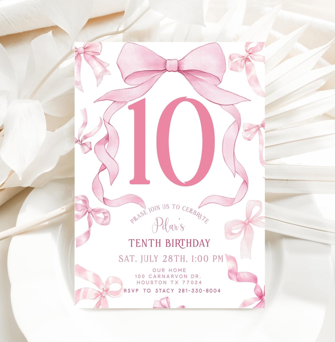 Pink Bow Birthday Invite, 10th Birthday Girl Invitation, Pink Ribbon ...