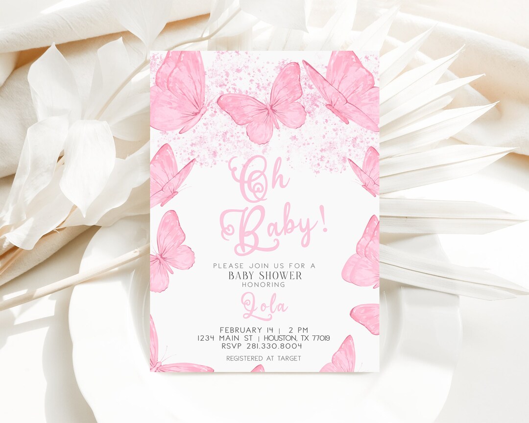Butterfly Baby Shower Invitation, Girl Baby Shower, Pink Butterflies ...