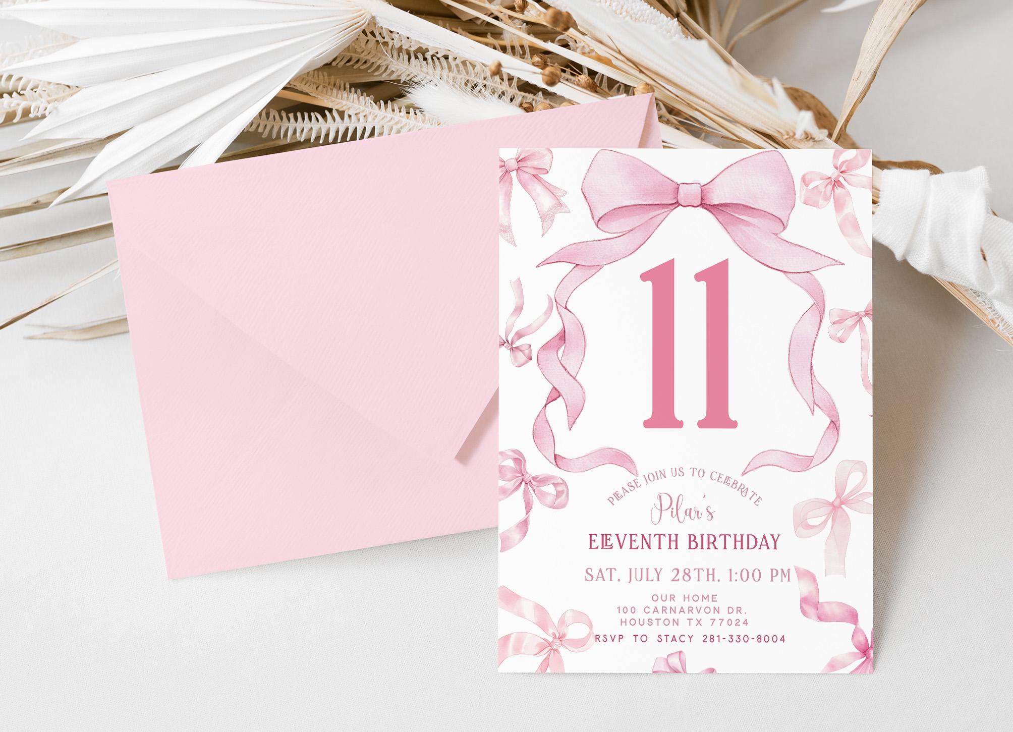 Pink Bow Birthday Invite, Girls 11th Birthday Invitation, Pink Ribbon ...