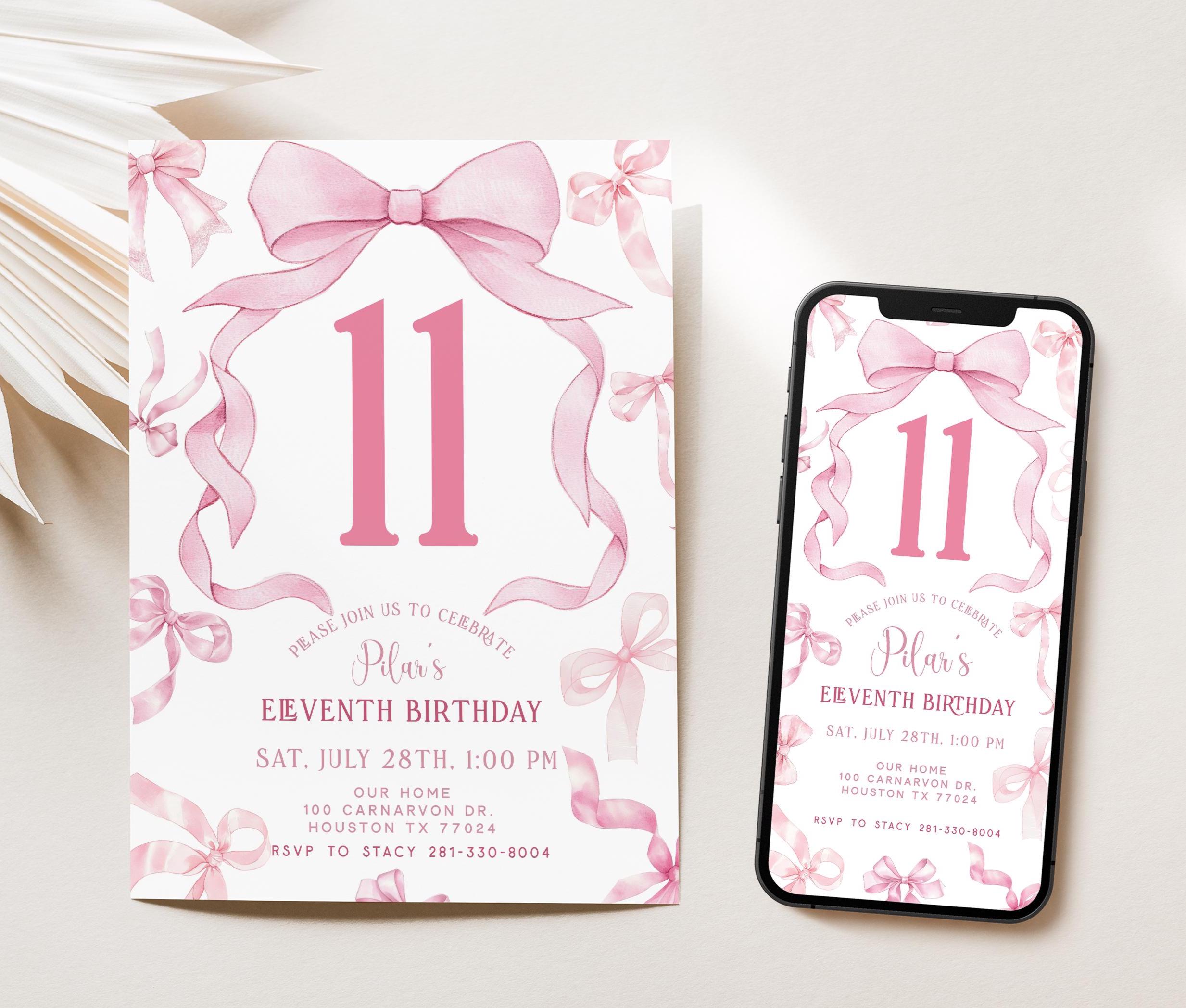 Pink Bow Birthday Invite, Girls 11th Birthday Invitation, Pink Ribbon ...