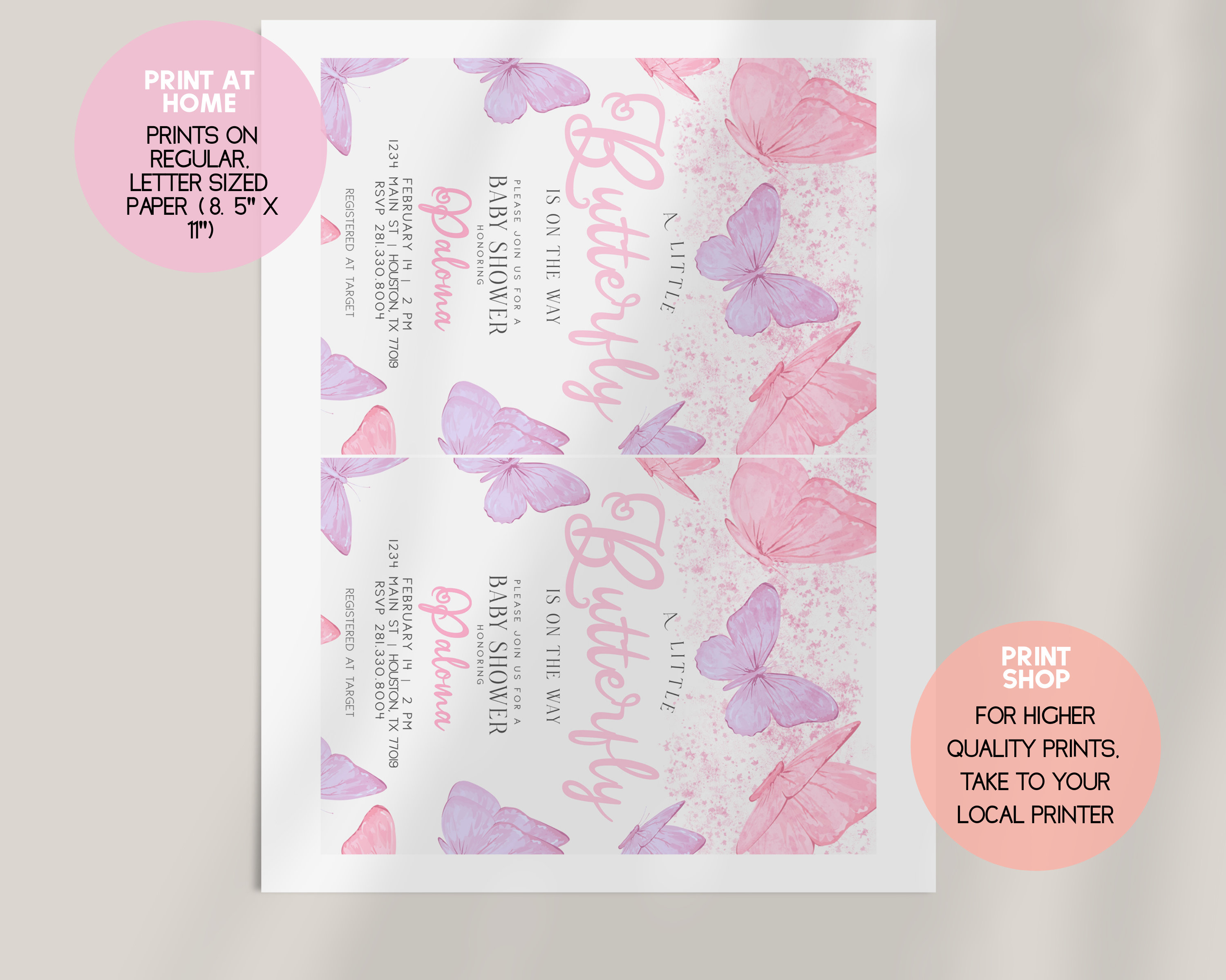 Butterfly Baby Shower Invite, Girl Baby Shower, Pink Butterflies ...