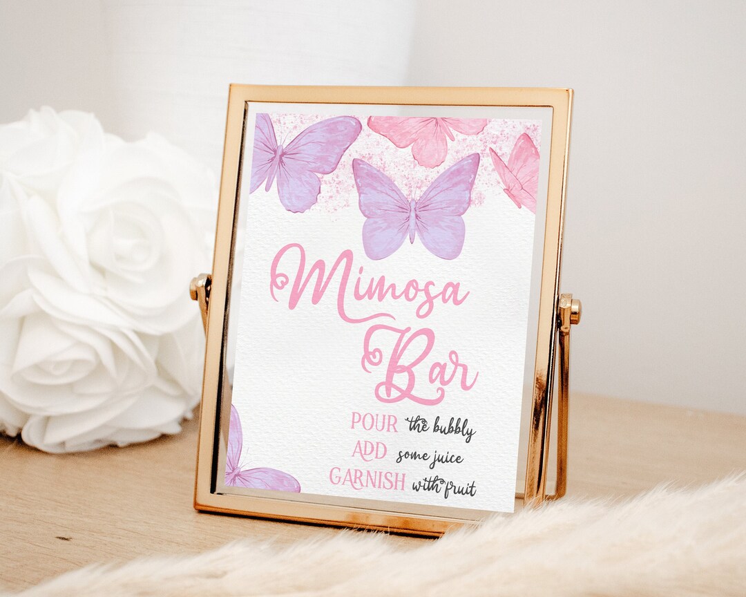 Butterfly Mimosa Bar Sign, A Little Butterfly is on the Way, Pink and ...