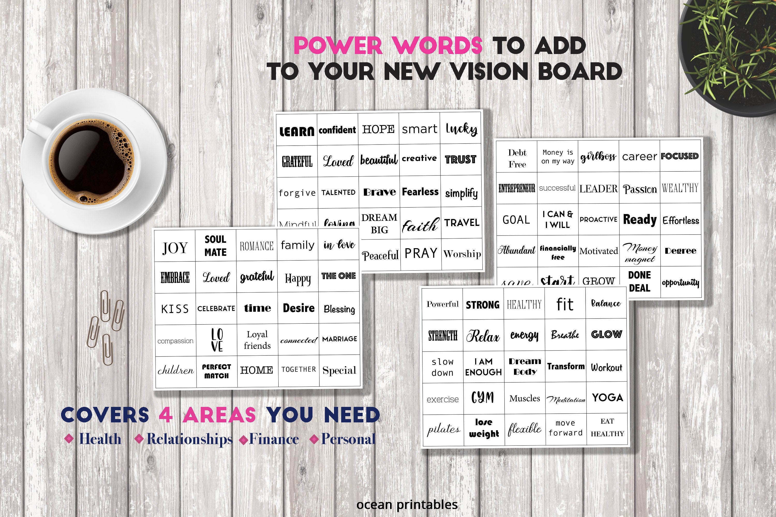 Vision Board Kit Printables Ink Friendly, Manifestation Power Words ...
