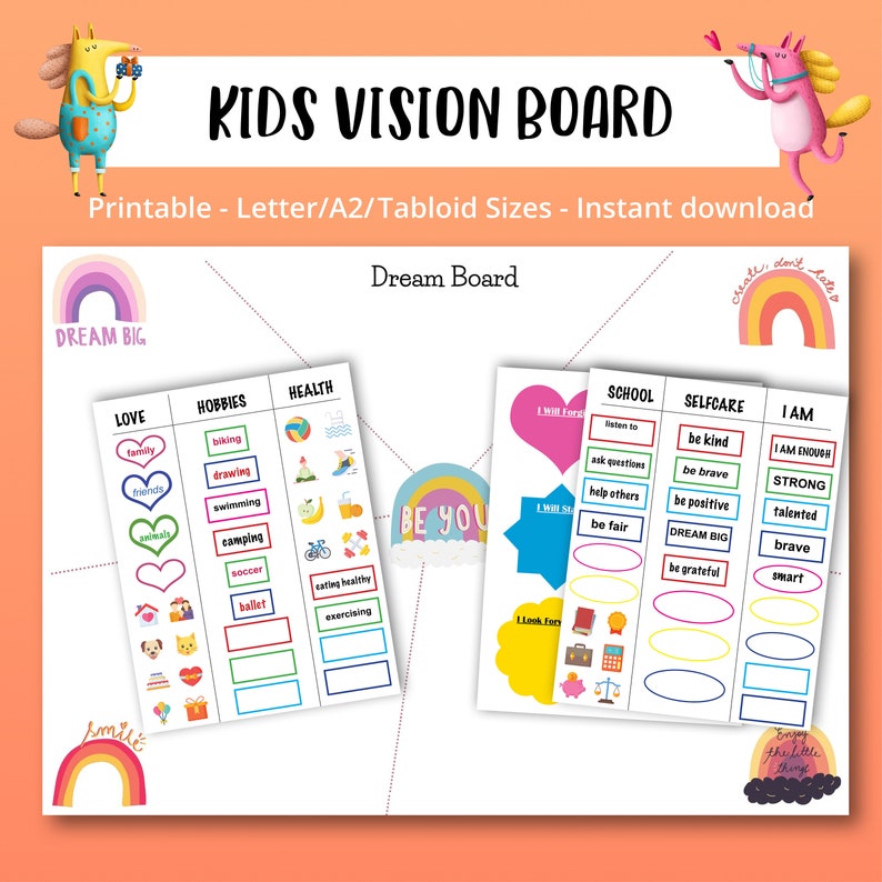Kids Vision Board Printable Kit, Homeschool Worksheets for Kids, Home ...