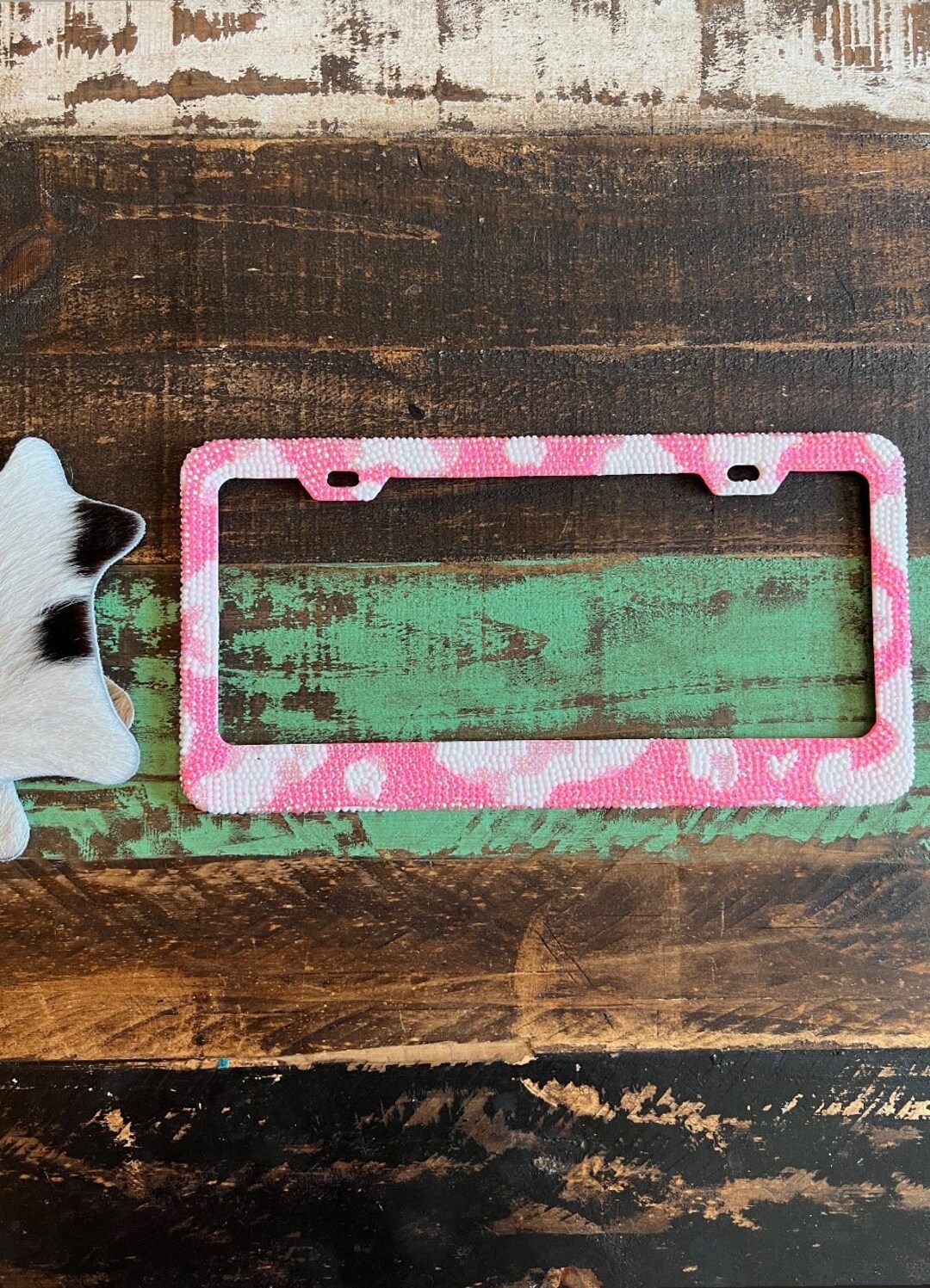 Strawberry Milk Cow Print License Plate Frame Bedazzled Wide Frame - Etsy