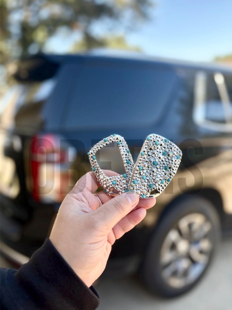 STUDDED Cowboy Chrome & Faux Turquoise Key Fob Cover Bedazzled Chunky ...
