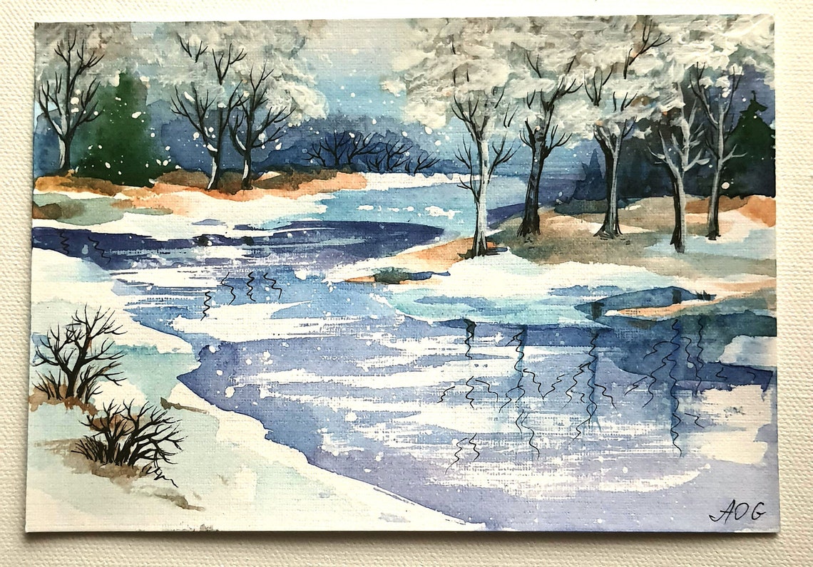 Lake Painting Vermont Original Art Winter Landscape Wall Art | Etsy