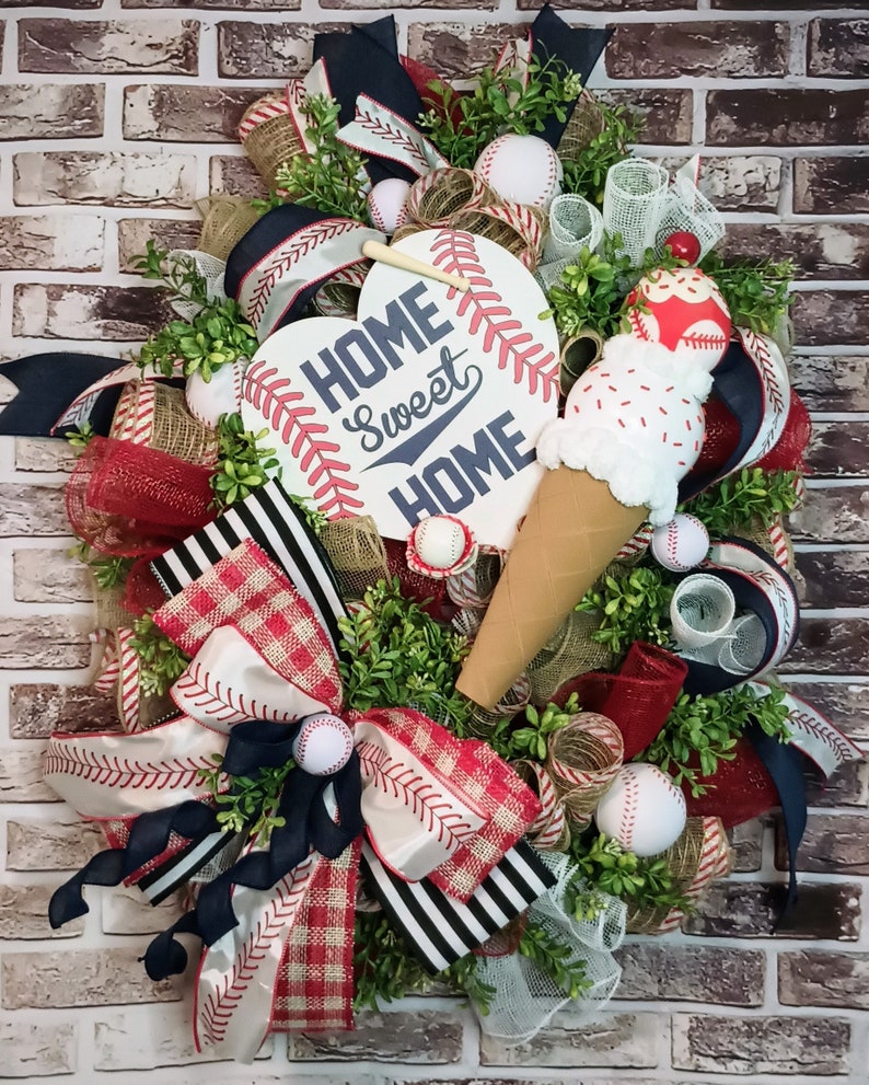 Baseball Wreath for Front Door, Home Sweet Home, Baseball Wreath ...