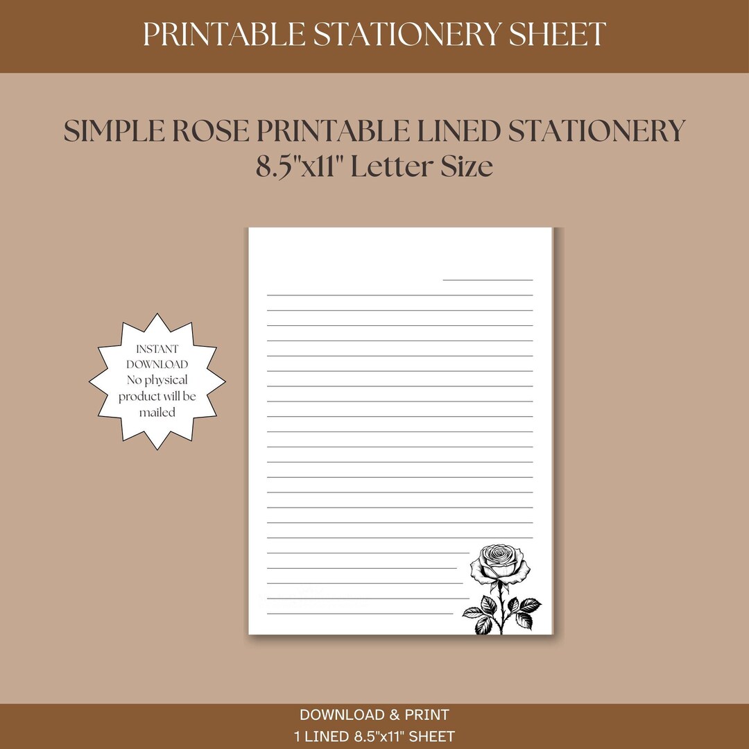 Simple Rose Lined Printable Stationery Paper | 8.5x11 Inch Letter Size ...